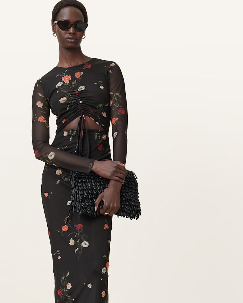 Kathy Print Mesh Maxi Dress BRIAR BLACK | ALLSAINTS